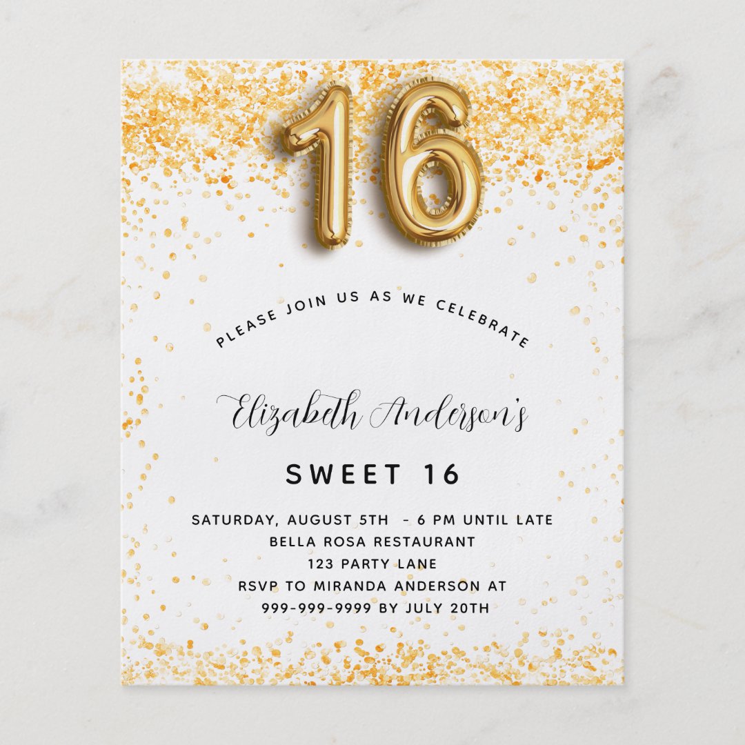 Sweet 16 white gold glitter budget invitation flyer | Zazzle