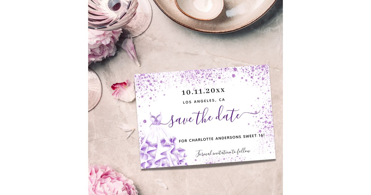Sweet 16 white violet dress sparkles save the date | Zazzle