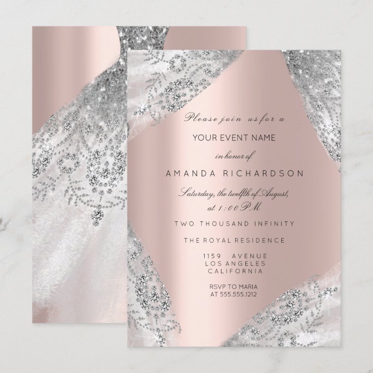 Sweet 16th Dress Spark Rose Silver Pink Diamond Invitation | Zazzle
