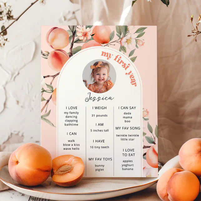 Sweet as a peach 1s birthday party photo milestone poster | Zazzle