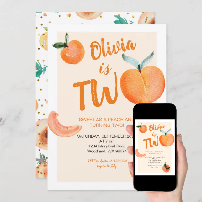 Sweet As A Peach Is Turning Two Invitation | Zazzle