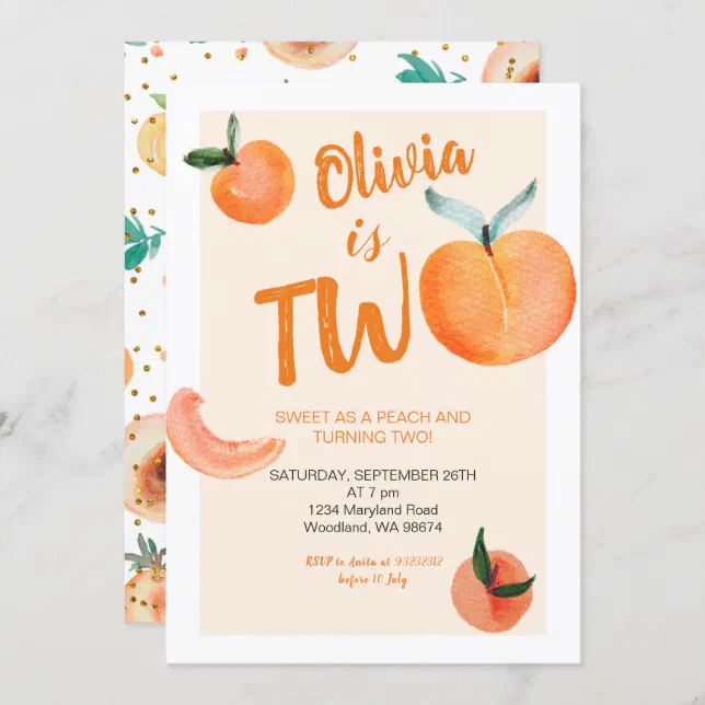 Sweet As A Peach Is Turning Two Invitation | Zazzle