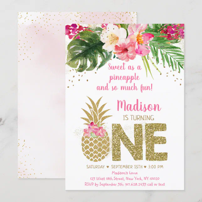 Sweet As A Pineapple Pink Gold First Birthday Invitation | Zazzle