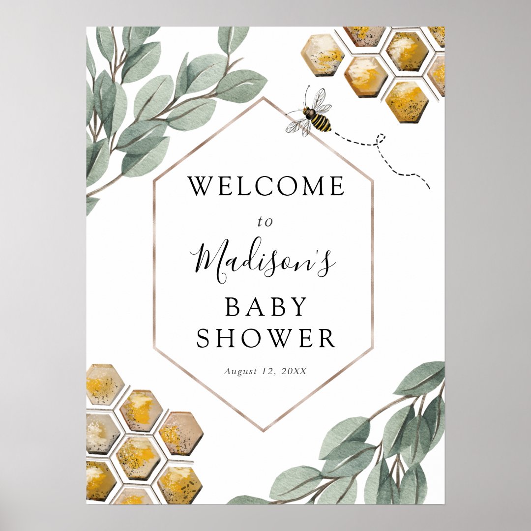 Sweet as can Bee Eucalyptus Baby Shower Welcome Poster | Zazzle