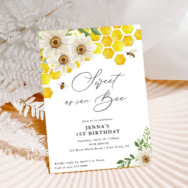 Sweet as Can Bee, Honey Bee and Daisies Birthday Invitation | Zazzle