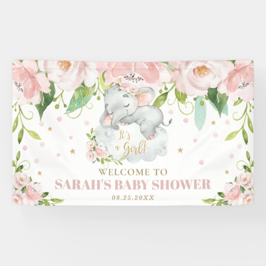 Sweet Baby Elephant Pink Floral Backdrop Welcome Banner | Zazzle.com