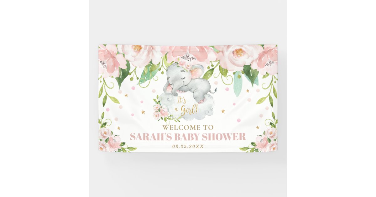 Sweet Baby Elephant Pink Floral Backdrop Welcome Banner | Zazzle