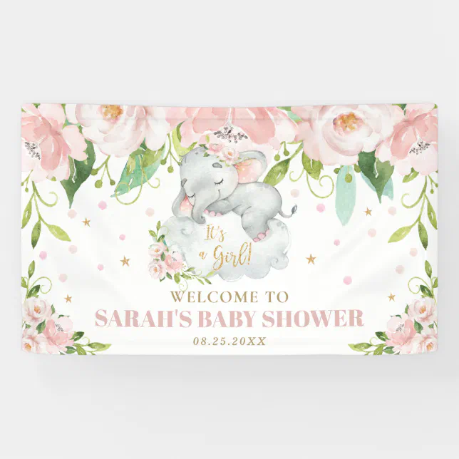 Sweet Baby Elephant Pink Floral Backdrop Welcome Banner | Zazzle