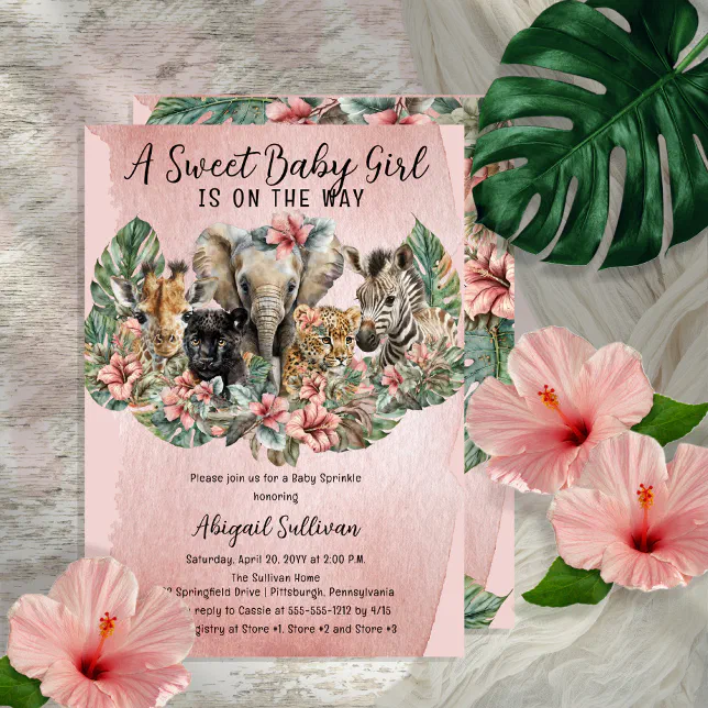 Sweet Baby Girl Animals Tropical Safari Sprinkle Invitation | Zazzle