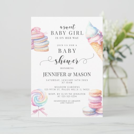 Sweet Baby Girl Cute Pastel Candy Baby Shower Invitation | Zazzle