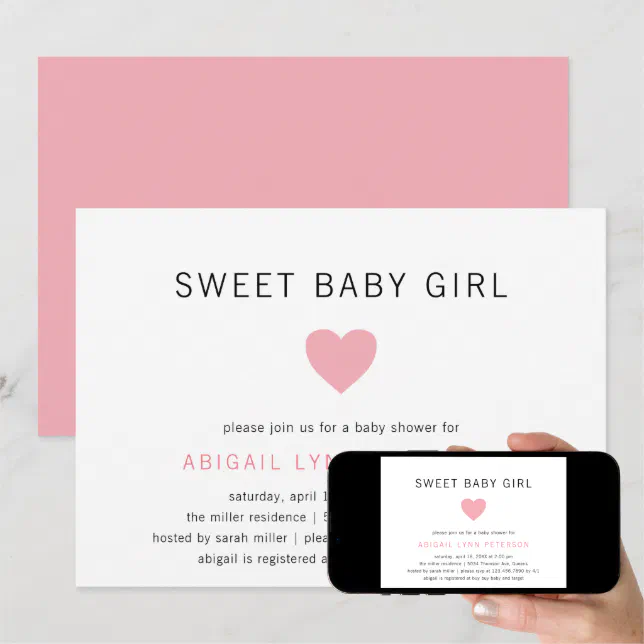 Sweet Baby Girl Pink Heart Cute Baby Shower Invitation | Zazzle