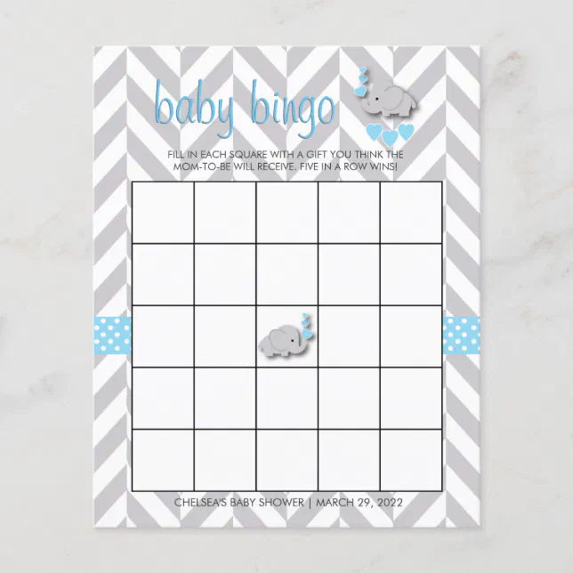 Sweet Blue and Gray Elephant Baby Shower Bingo | Zazzle