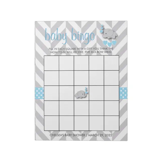 Sweet Blue and Gray Elephant Baby Shower Bingo Notepad | Zazzle