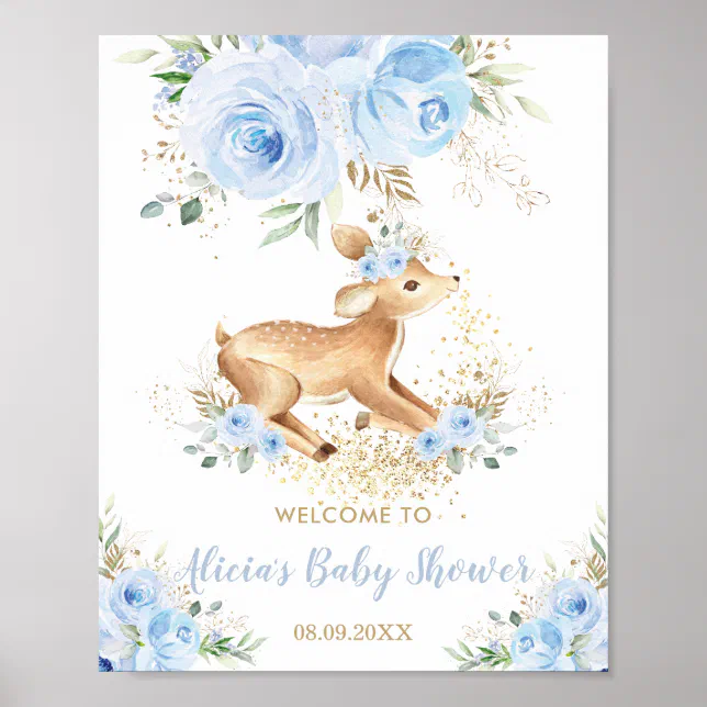 Sweet Blue Floral Baby Deer Fawn Boy Baby Shower Poster | Zazzle