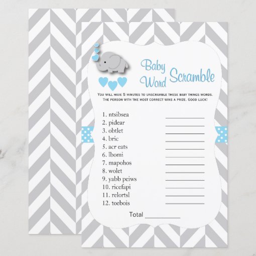 Sweet Blue & Gray Elephant Baby Shower - Word Game | Zazzle