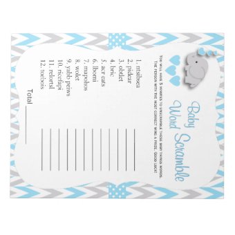 Sweet Blue & Gray Elephant Baby Shower Word Game 2 Notepad | Zazzle