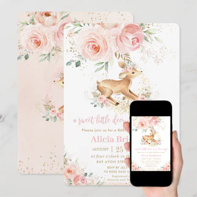 Sweet Blush Floral Baby Deer Fawn Girl Baby Shower Invitation | Zazzle