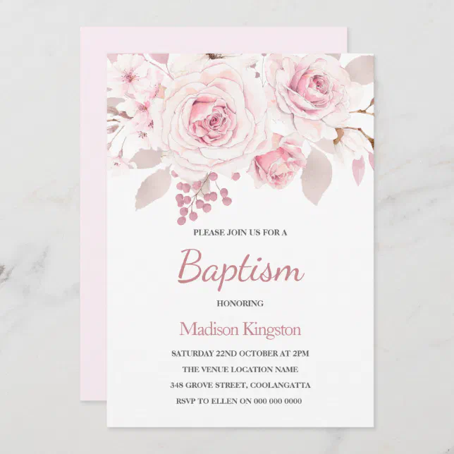 Sweet Blush Pink Flowers Beautiful Girls Baptism Invitation | Zazzle
