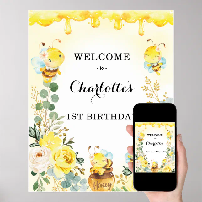 Sweet Bumble Bee Honeycomb Floral Birthday Welcome Poster | Zazzle