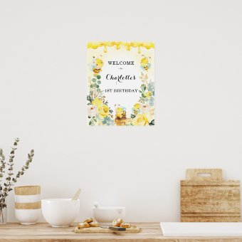 Sweet Bumble Bee Honeycomb Floral Birthday Welcome Poster | Zazzle