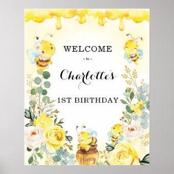 Sweet Bumble Bee Honeycomb Floral Birthday Welcome Poster | Zazzle