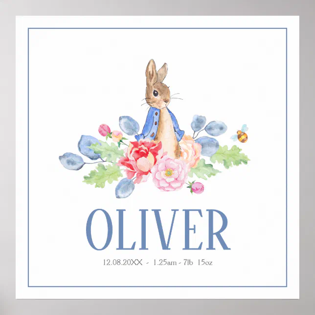 Sweet Bunny Rabbit | Custom Name New Baby Birth Poster | Zazzle