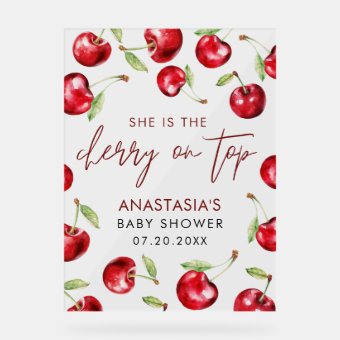 Sweet Cherry on Top Baby Shower Acrylic Sign | Zazzle