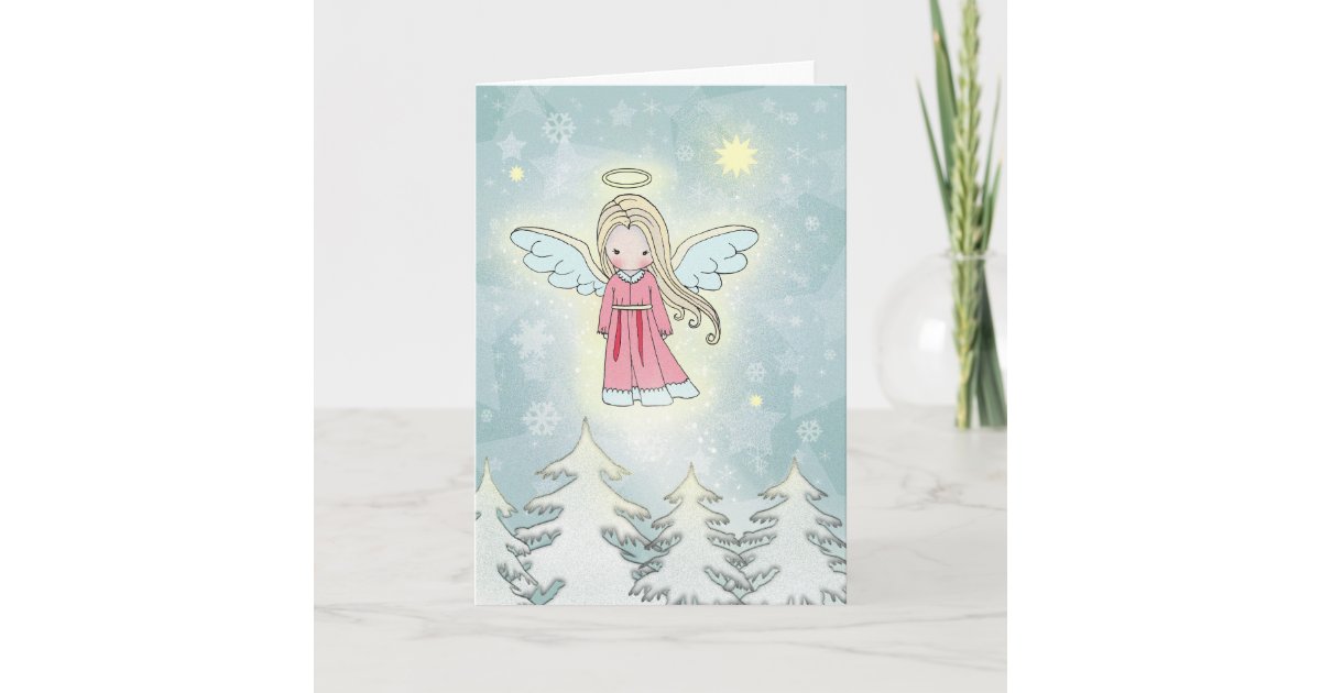 Sweet Christmas Angel above the Trees Holiday Card | Zazzle