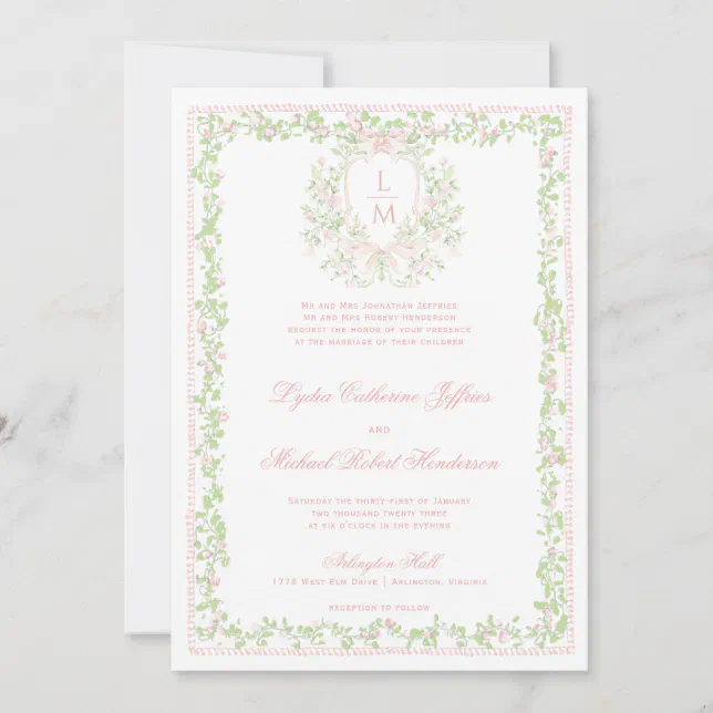 Sweet Crest w/ Blush Pink Bow | Monogram Wedding Invitation | Zazzle
