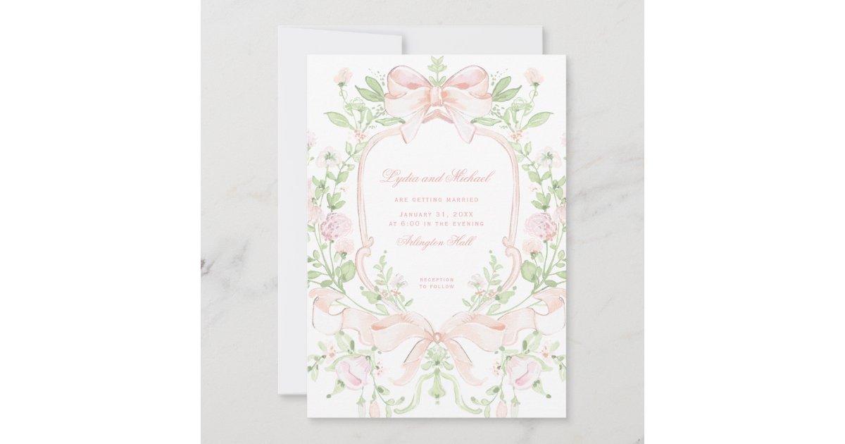 Sweet Crest w/ Blush Pink Wedding Bows Invitation | Zazzle