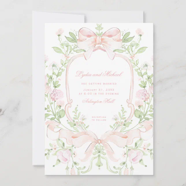 Sweet Crest w/ Blush Pink Wedding Bows Invitation | Zazzle