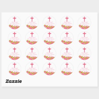 Sweet Cross Pink Floral First Holy Communion Classic Round Sticker | Zazzle