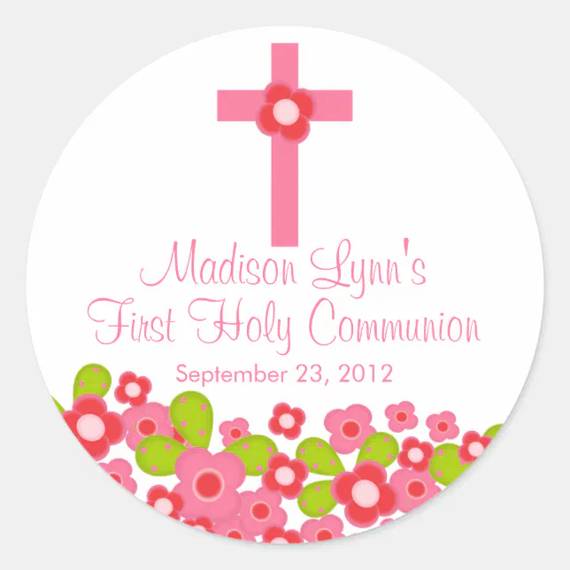 Sweet Cross Pink Floral First Holy Communion Classic Round Sticker | Zazzle