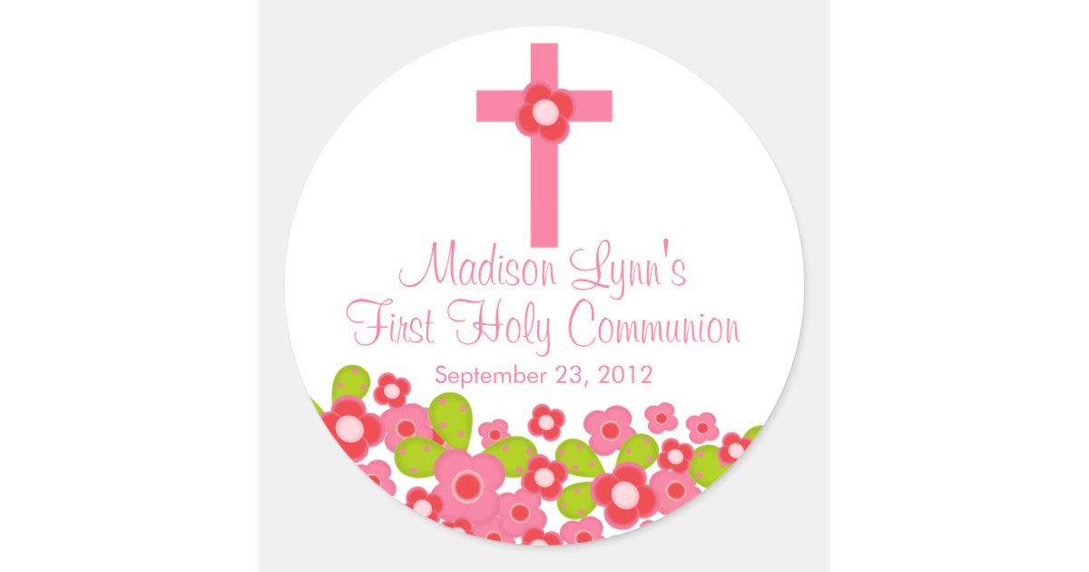 Sweet Cross Pink Floral First Holy Communion Classic Round Sticker | Zazzle