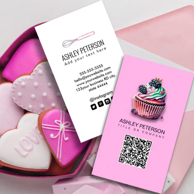 Sweet Cupcake Catering Bakery Pink QR Code Social Business Card | Zazzle