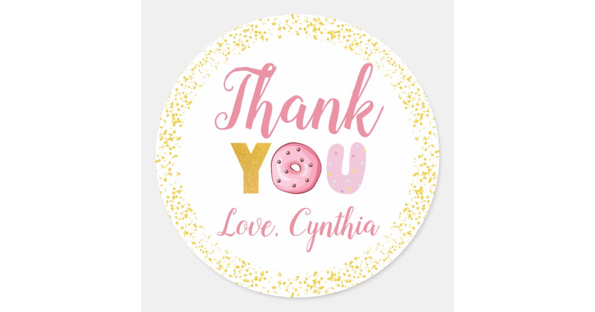 Sweet Donuts Party Gold Glitter Thank You Classic Round Sticker | Zazzle