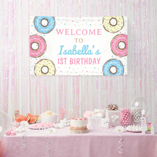 Sweet Donuts Sprinkles Birthday Welcome Backdrop Banner | Zazzle