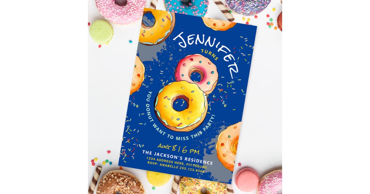 Sweet Eight | 8th Donut Colorful Sprinkles Blue Invitation | Zazzle