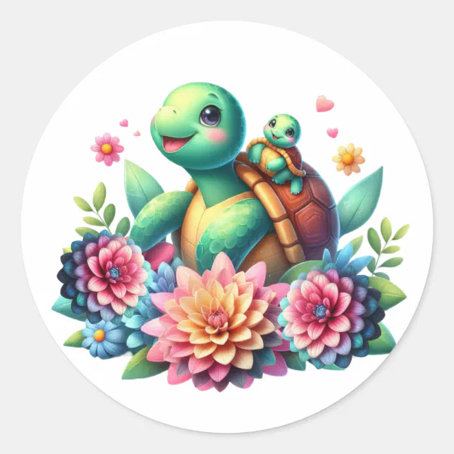 Sweet Floral Sea Turtles Classic Round Sticker | Zazzle