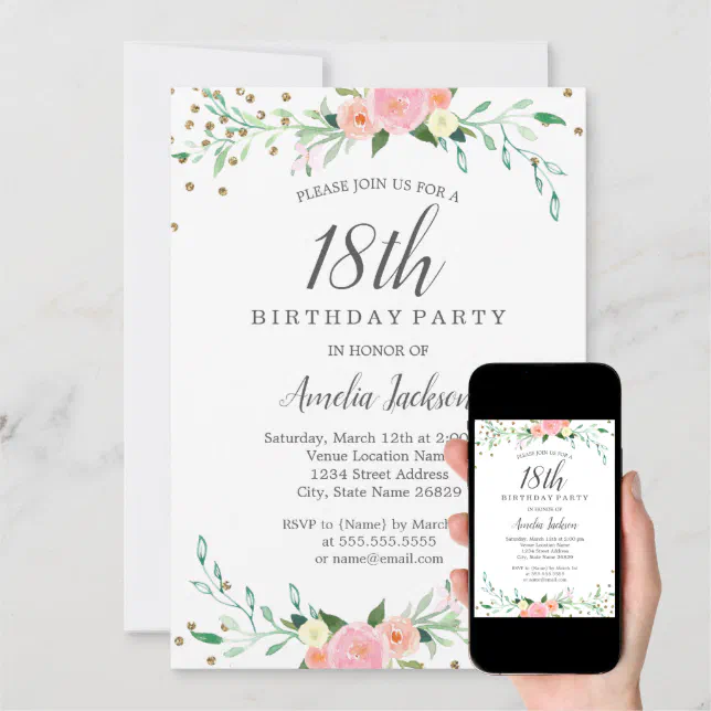 Sweet Floral Sparkle Confetti 18th Birthday Party Invitation | Zazzle