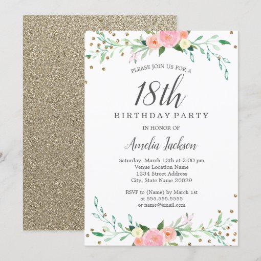 Sweet Floral Sparkle Confetti 18th Birthday Party Invitation | Zazzle
