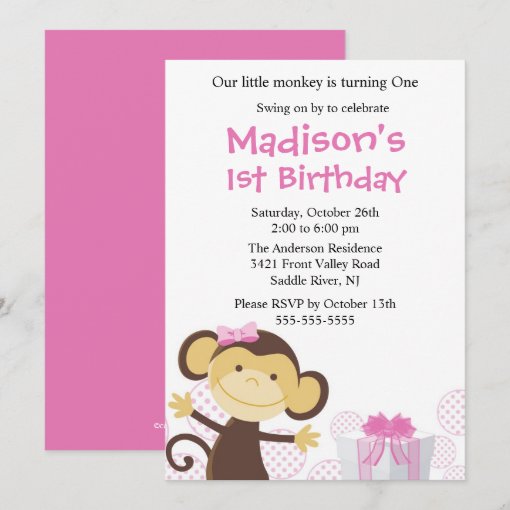 Sweet Girl Monkey Birthday Invitation | Zazzle