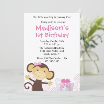 Sweet Girl Monkey Birthday Invitation | Zazzle