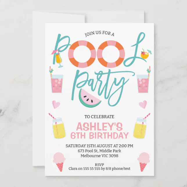 Sweet Girls Summer Pool Party Birthday Invitation | Zazzle