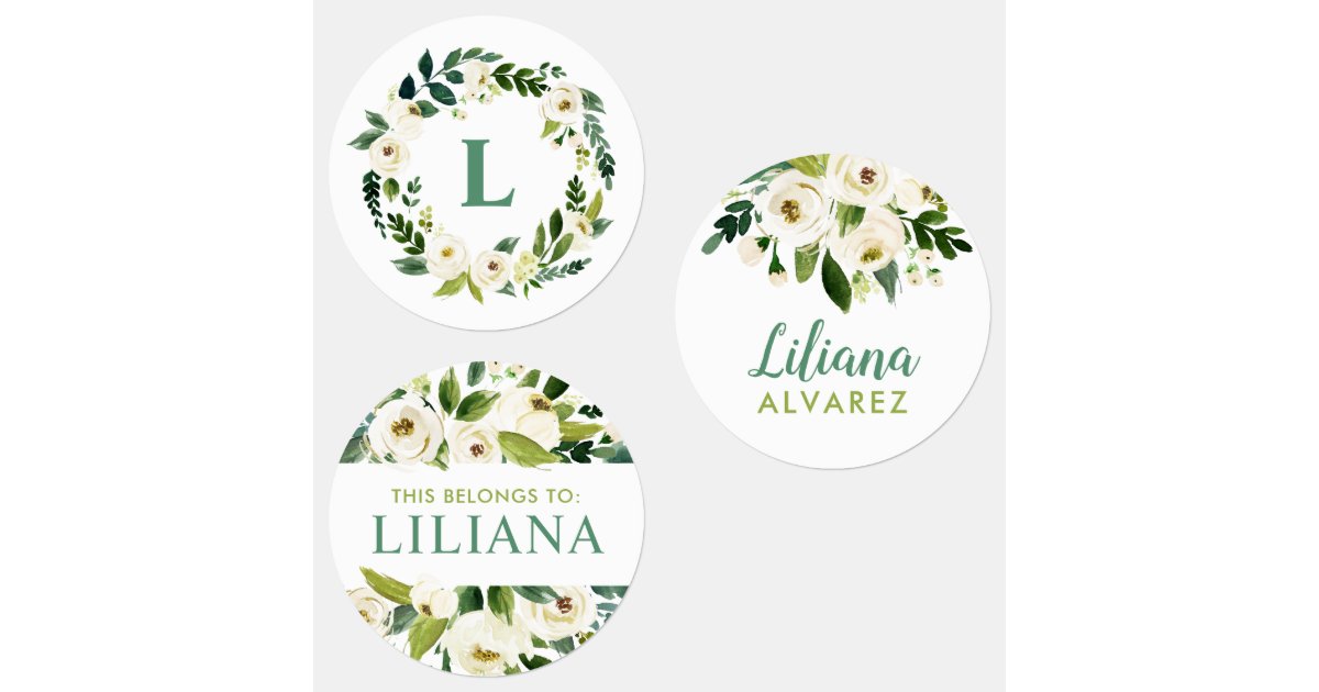 Sweet Greenery Floral Monogram Kids' Labels | Zazzle