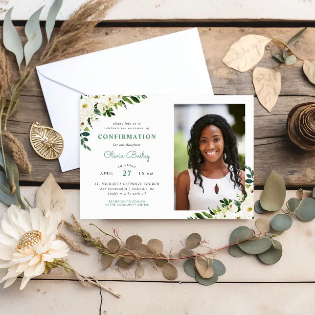 Sweet Greenery Floral Photo Confirmation Invitation | Zazzle