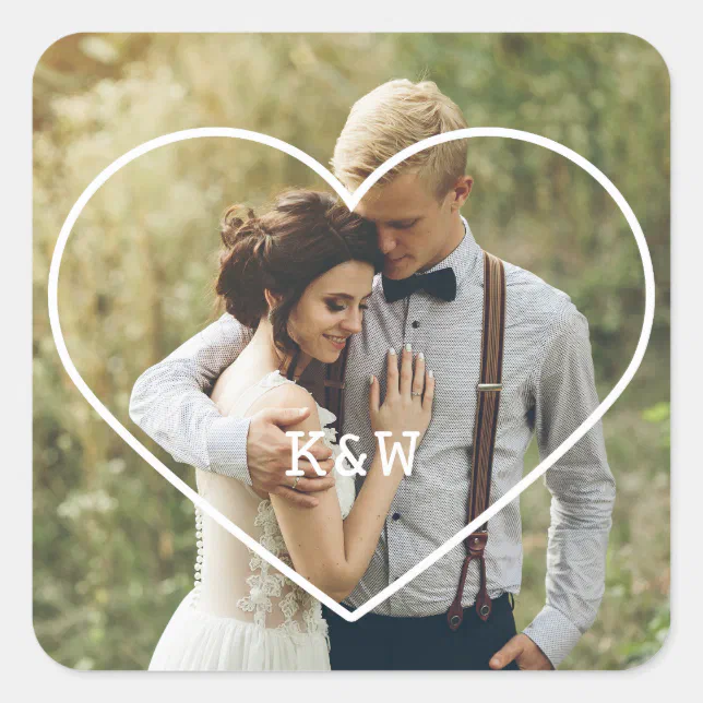 Sweet Heart Frame Monogrammed Wedding Photo Square Sticker | Zazzle
