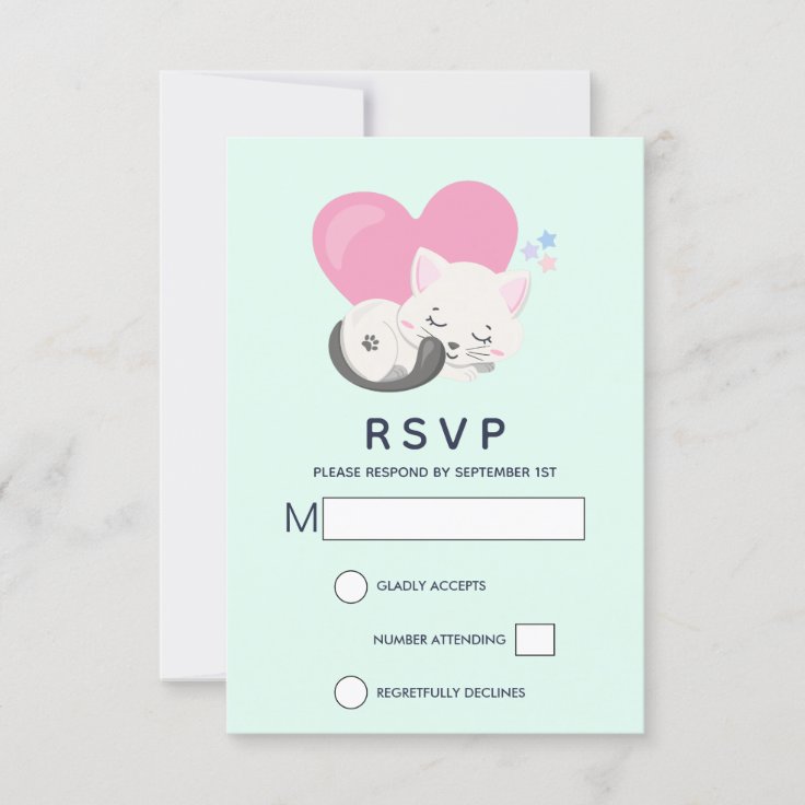 Sweet Kitty Cat Sleeping with a Big Pink Heart RSVP Card | Zazzle
