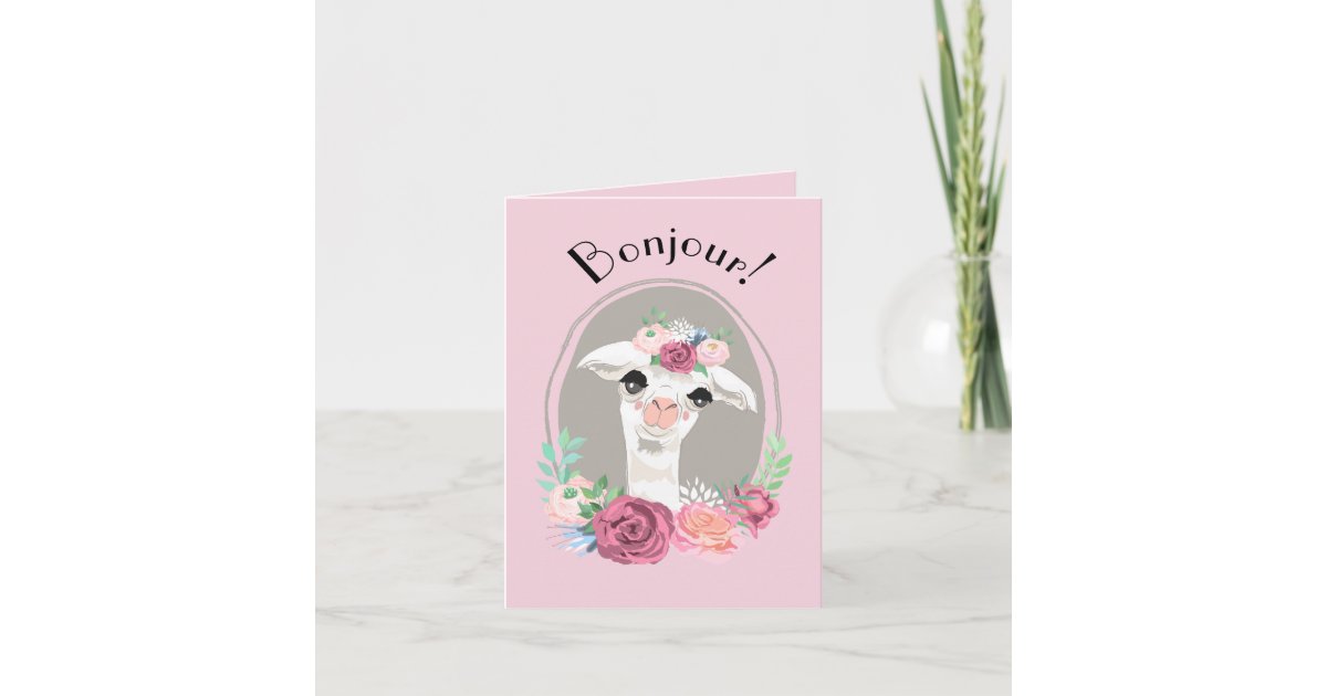 Sweet Lady Llama With Roses "Bonjour" Card | Zazzle