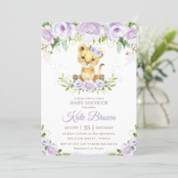 Sweet Lion Cub Purple Floral Girl Baby Shower Invitation | Zazzle